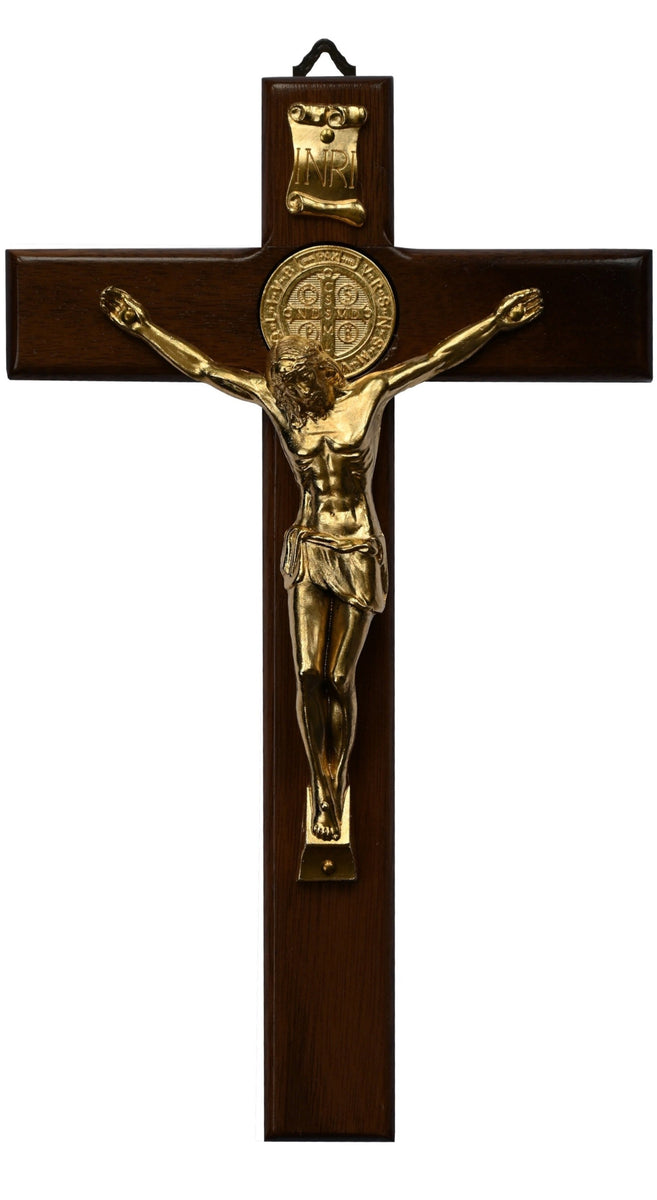Wood St. Benedict Wall Crucifix with Gold plated Corpus – Holy Cross ...